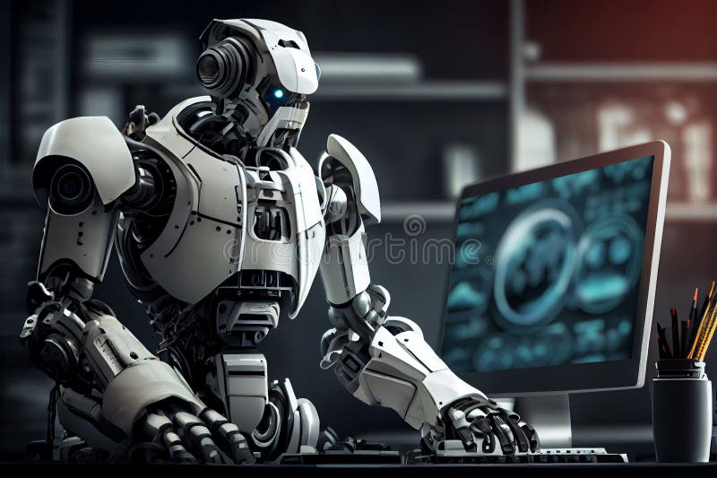 Robot Working a Computer ,(Created with Generative AI Technology) Stock Illustration ...