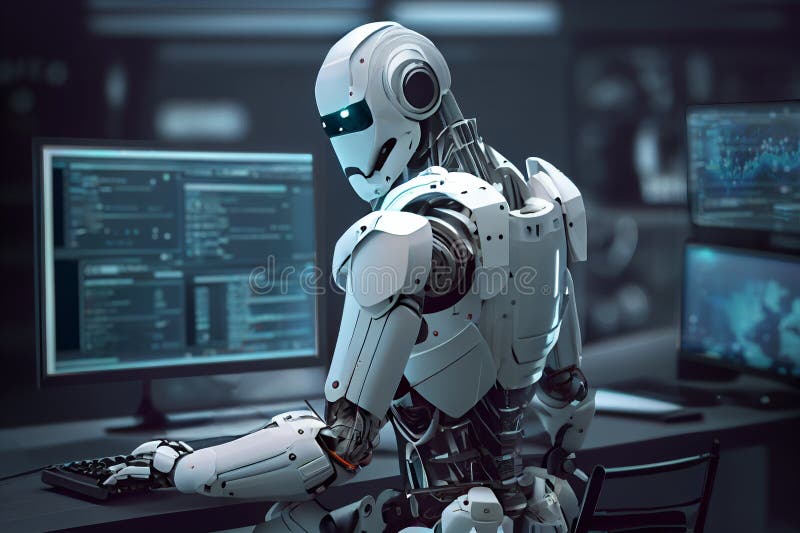 Robot Working a Computer ,(Created with Generative AI Technology) Stock Illustration ...