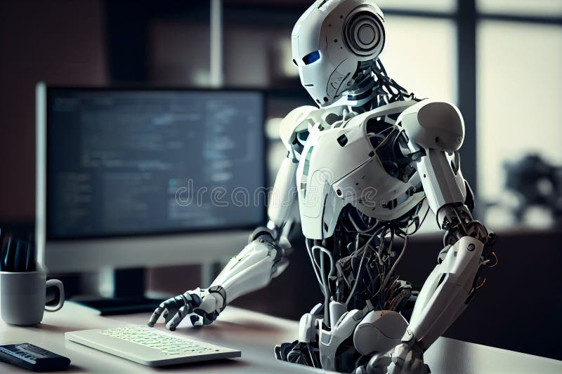 Robot Working a Computer ,(Created with Generative AI Technology) Stock ...