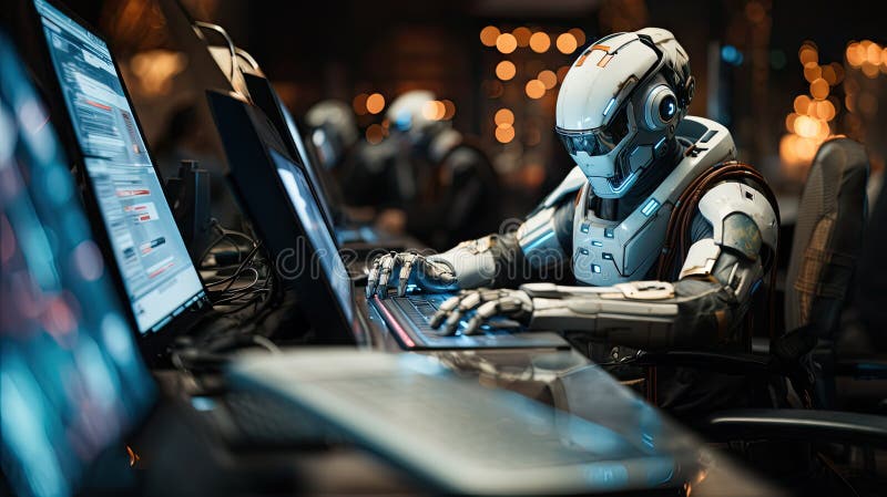 Robot Working On A Computer In A Dark Space Programmer Ai Robot Computer Hacking Internet