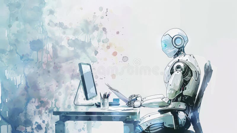 Robot Working on a Computer at a Desk. Technology and Automation in the ...