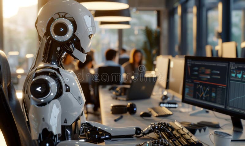 A Robot is Working at a Computer in an Engineering Lab Stock Photo ...