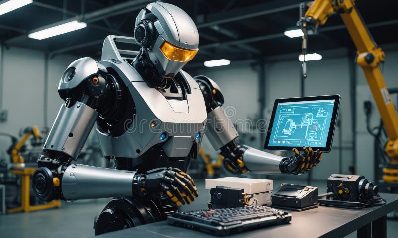 Robot Working on Computer in Factory Stock Illustration - Illustration ...