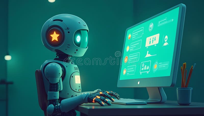 Robot Working on Computer stock illustration. Illustration of office - 378932389