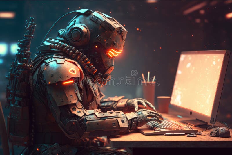 Robot Working with Computer Generative AI Stock Illustration - Illustration of generative ...