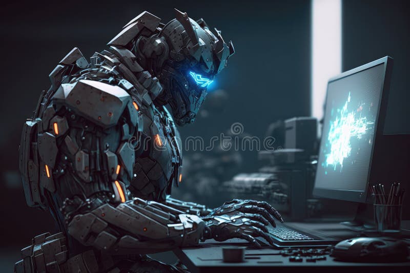 Robot Working with Computer Generative AI Stock Illustration - Illustration of internet, trader ...