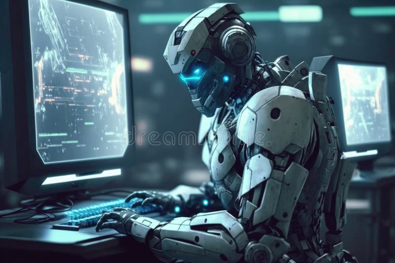 Robot Working with Computer Generative AI Stock Illustration ...