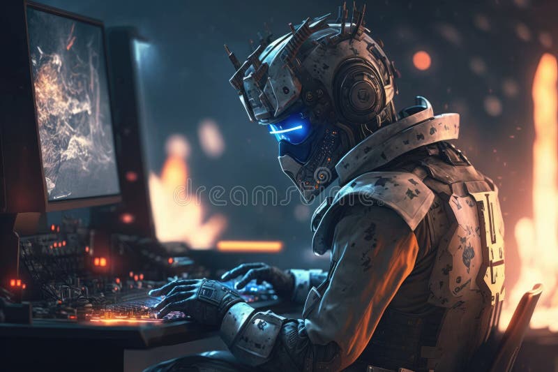 Robot Working with Computer Generative AI Stock Illustration ...