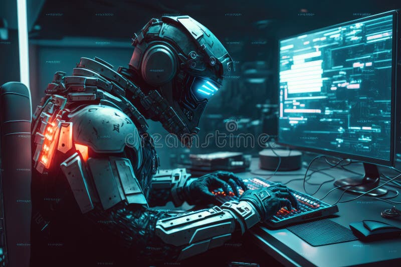 Robot Working with Computer Generative AI Stock Illustration - Illustration of screenshot ...