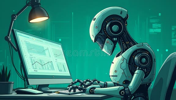Robot Working on Computer with Graphs and Charts Stock Illustration ...
