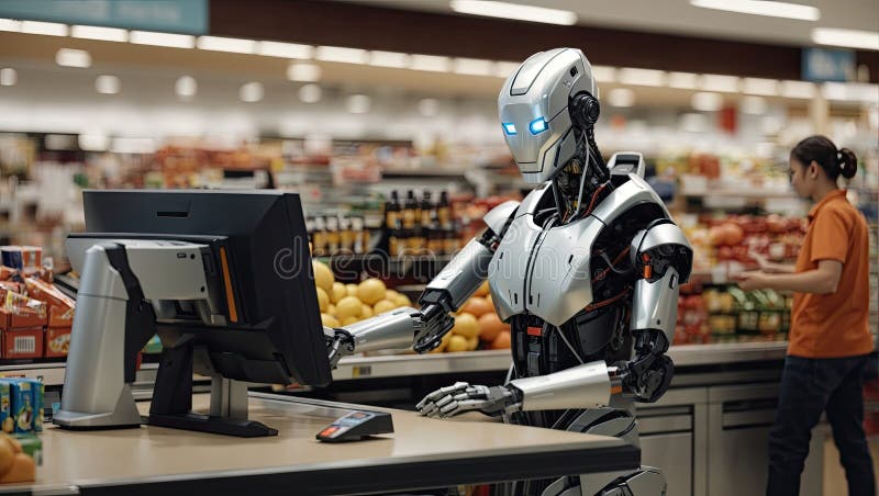 Robot Working at Computer in Grocery Store Stock Illustration ...