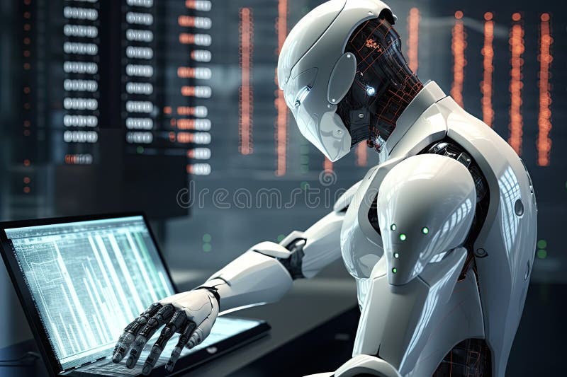 Robot Working at Computer. Maschine Typing on Keyboard in Office. it ...