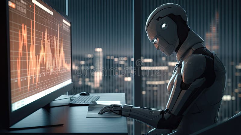 Robot Working at Computer. Maschine Typing on Keyboard in Office. it ...