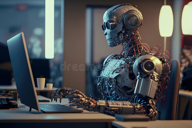 Robot Working on a Computer in a Modern Office, Generative AI Stock Illustration - Illustration ...