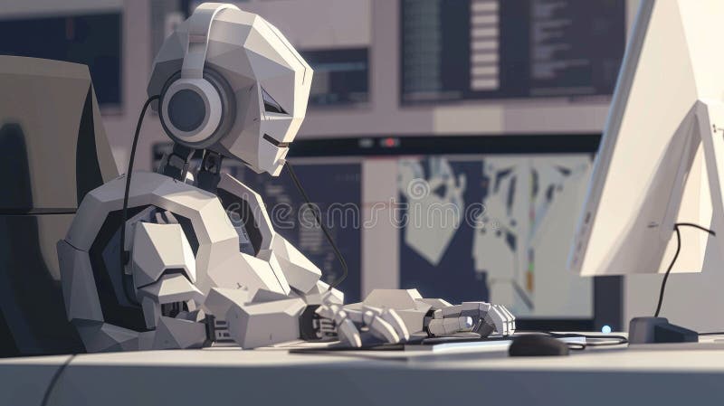 AI Robot Working at Desk with Computer. Futuristic Robot Typing. Modern ...