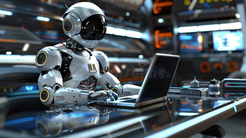 Robot Working at Computer Neuro Employee Undergoing Training Education ...