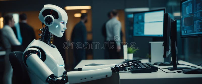 Robot Working at Computer among People. Machine Typing on Keyboard in ...