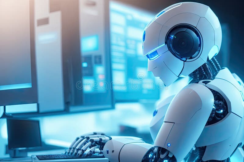 Robot Working at Computer among People. Maschine Typing on Keyboard in ...