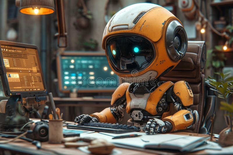 A Robot Working at a Computer in the Room. the it Team of the Future ...