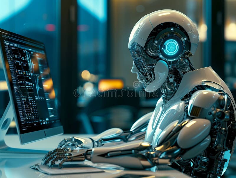 Robot Working at Computer stock illustration. Illustration of ...