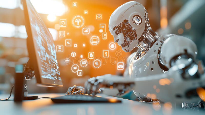 Robot is Working on Computer Surrounded by Digital Icons Representing ...