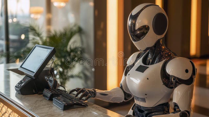 Robot Working at Computer Terminal or POS System Stock Photo - Image of ...