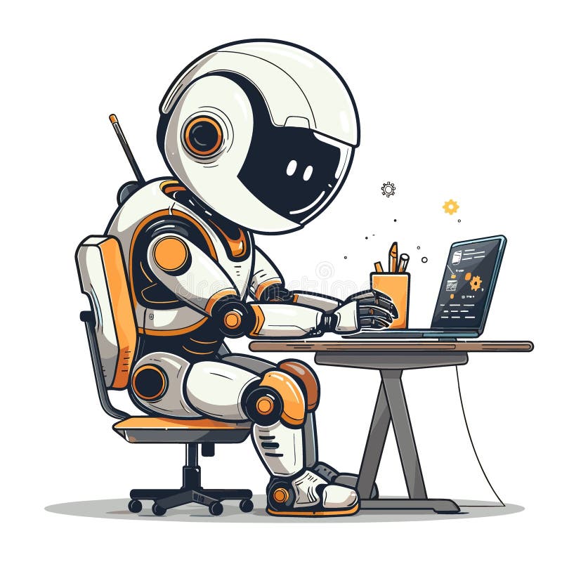 Robot Working at the Computer. Vector Illustration in Cartoon Style ...