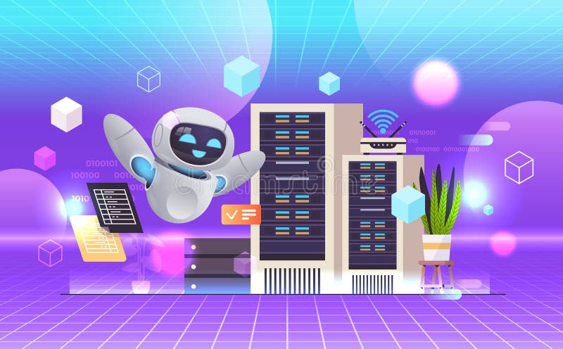 Robot Working in Data Center Room Hosting Server Computer Monitoring Information Database ...