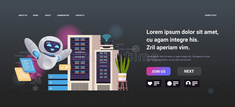 Robot Working in Data Center Room Hosting Server Computer Monitoring Information Database ...