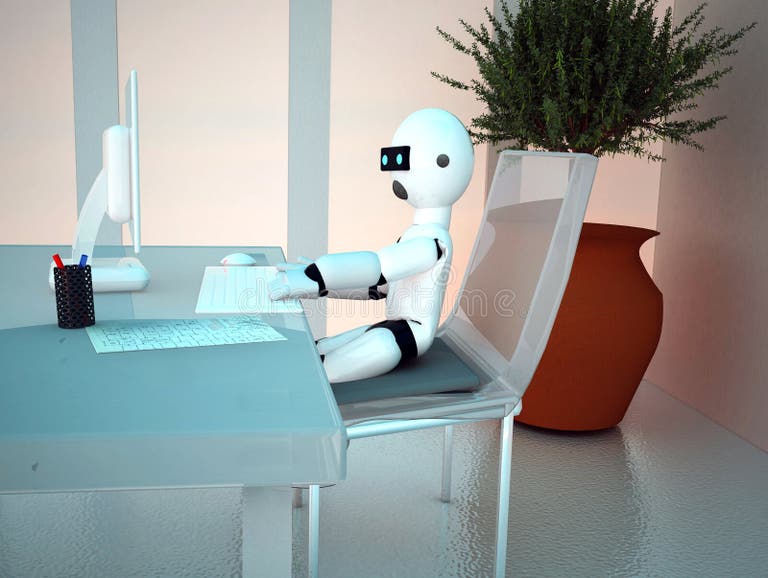 Robot working at desk stock illustration. Illustration of contemporary ...