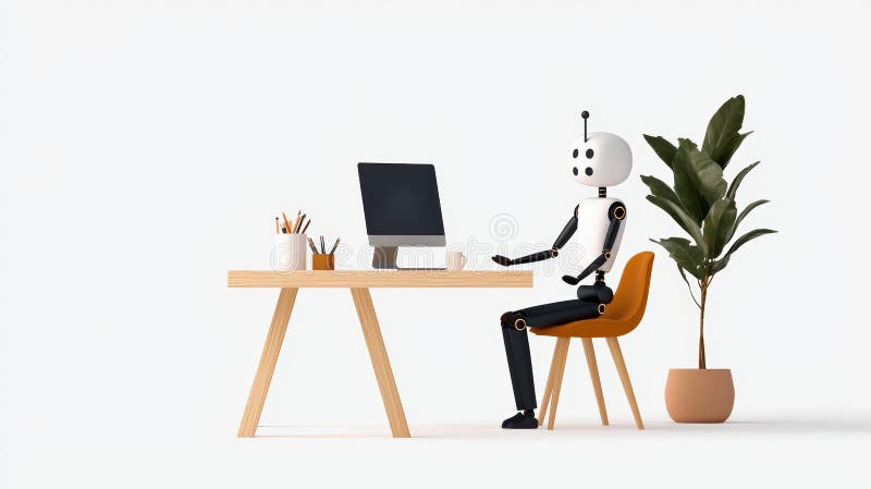 Robot Working at a Desk Modern Workspace Stock Illustration ...