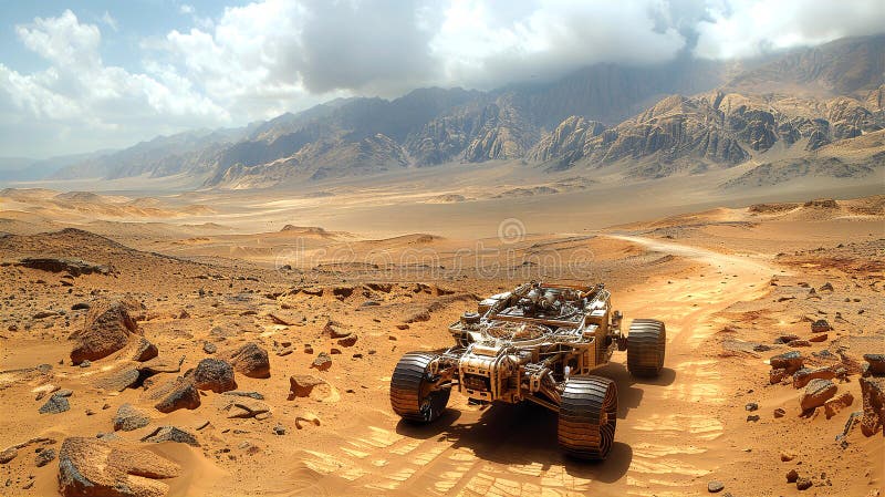 Robot Working and Exploring Planet Mars, Martian Landscape with Rocks ...