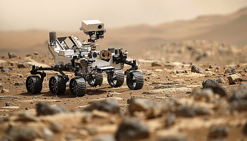 Robot Working and Exploring Planet Mars, Martian Landscape with Rocks ...