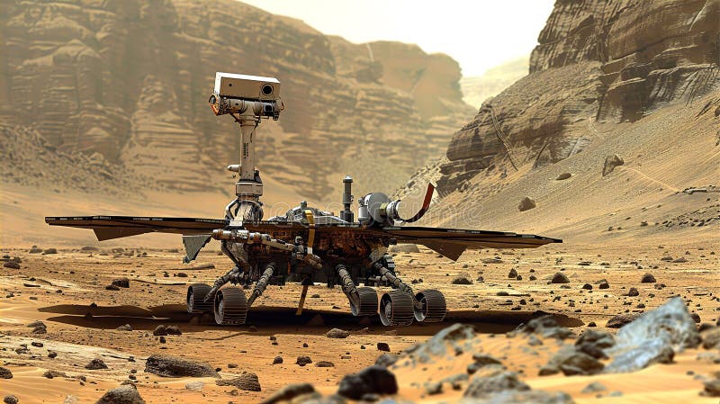 Robot Working and Exploring Planet Mars, Martian Landscape with Rocks ...