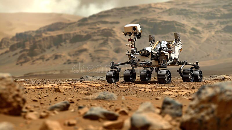 Robot Working and Exploring Planet Mars, Martian Landscape with Rocks ...