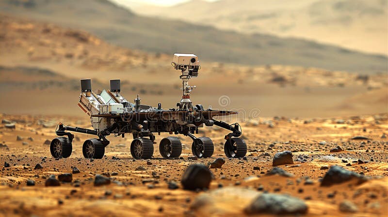Robot Working and Exploring Planet Mars, Martian Landscape with Rocks ...