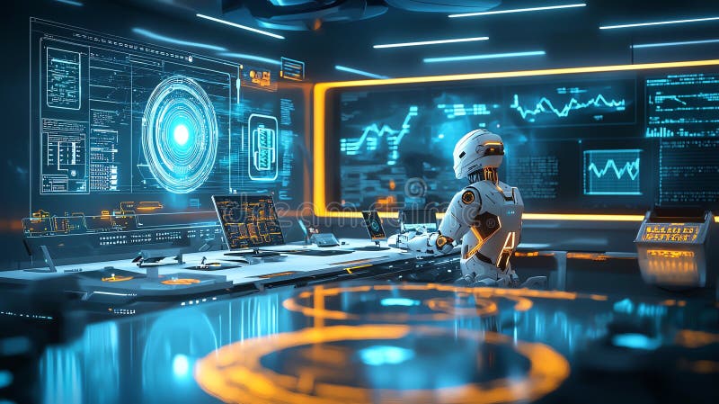Robot Working in Futuristic Office with Data Visualization Stock ... Robot Working in Futuristic Office with Data Visualization Stock ...
