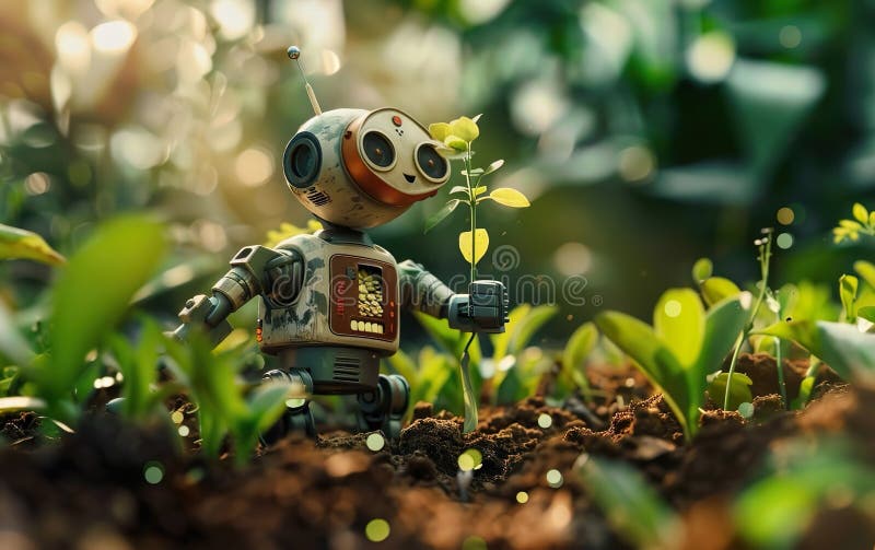 Robot Working in the Garden, Weeding Plants. AI Centered World Concept ...