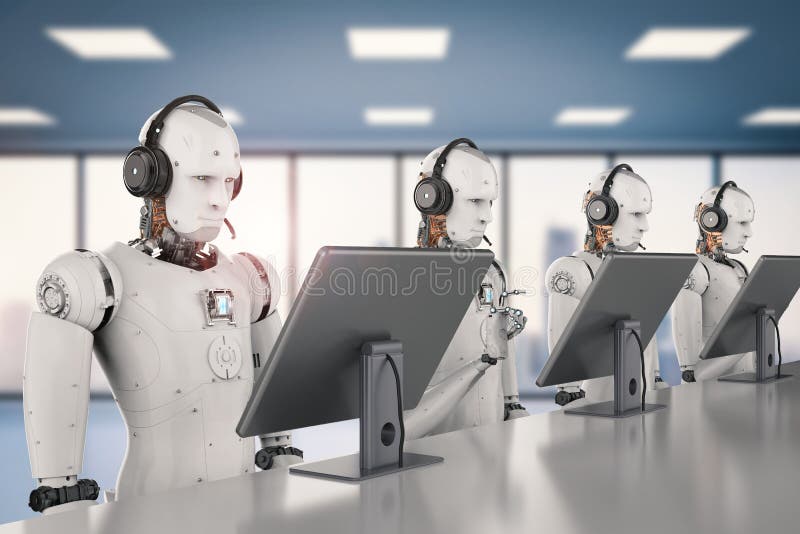 Robot Working with Headset and Monitor Stock Illustration ...