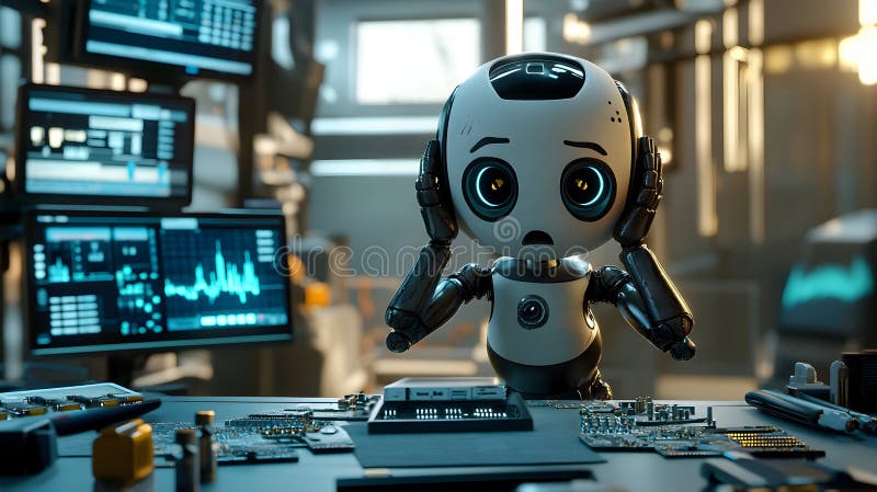 Robot Working in a High-tech Lab with Computer Screens and Circuit ...