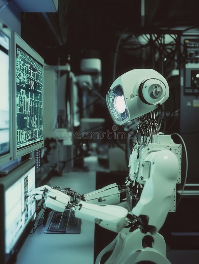 Robot Working in a High-tech Laboratory with Blinking Lights and ...