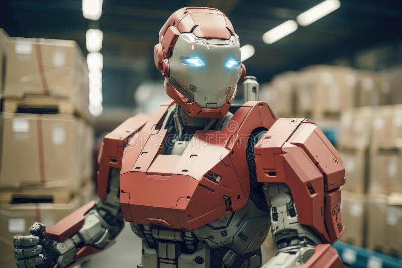 Robot Working Inside Warehouse Full of Cardboard Boxes Stock ...