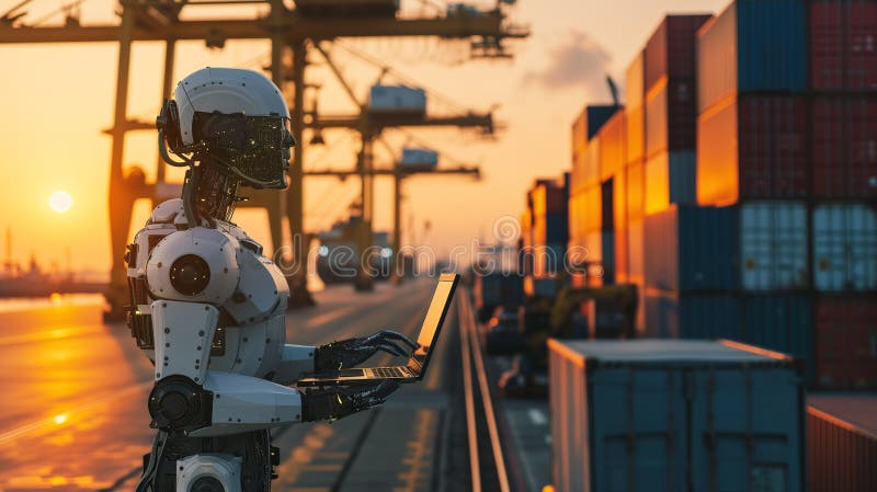 Robot Working on Laptop Computer in Containers Cargo Ship at Industrial ...