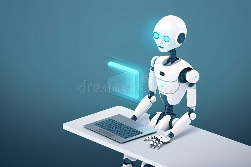 Robot Working on Laptop Computer. Generative AI Stock Image - Image of ... Robot Working on Laptop Computer. Generative AI Stock Image - Image of ...