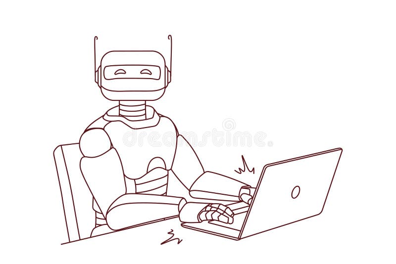 Robot Working on Laptop at Desk Stock Vector - Illustration of robot ...