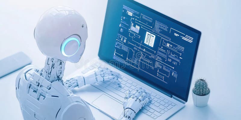 Robot Working On Laptop Displaying Glowing Algorithmic Pathways And Data Stock Illustration