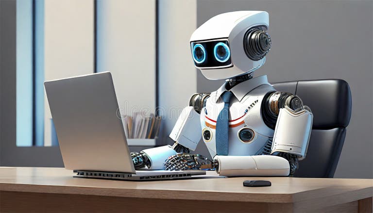 Robot Working on Laptop Computer in Office. AI Generated Stock Photo ...