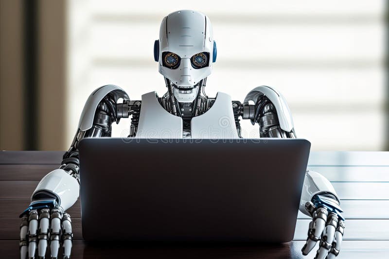 Office Workflow Automation. Robot Working on Laptop. Generative AI ... Office Workflow Automation. Robot Working on Laptop. Generative AI ...