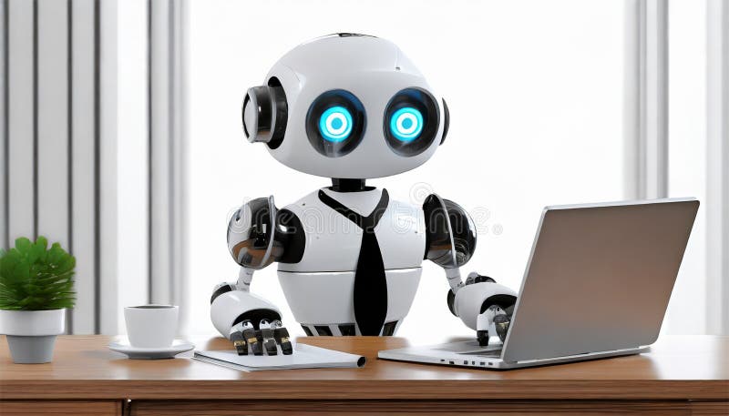 Robot Working with Laptop on Table in Office. AI Generated Stock ...