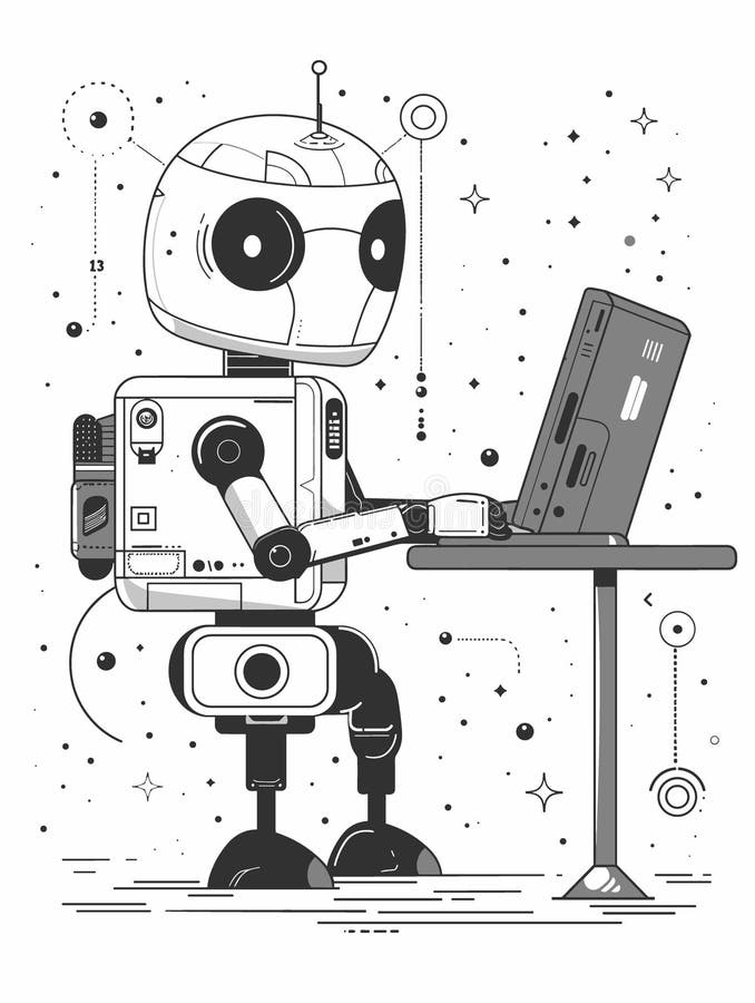 Robot Working on Laptop. Vector Illustration in Doodle Style Stock ...